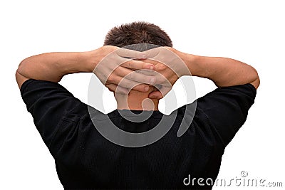 Guy Put Hands Behind Head. Isolated Back Faced Portrait On White ...