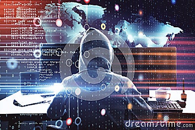 Hacker At Desktop Using Computer And Glowing World Map Royalty-Free ...