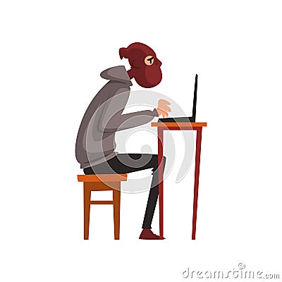 Hacker In Disguise Sitting At Desktop And Working On Laptop, Internet ...
