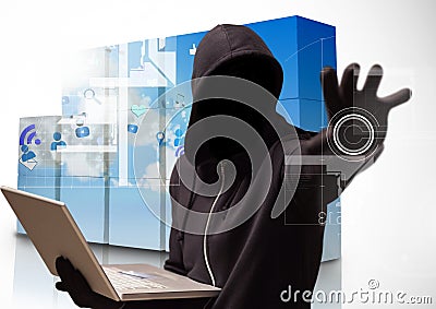 Hacker Holding A Laptop And Tendering His Arm In A Data Center Royalty ...