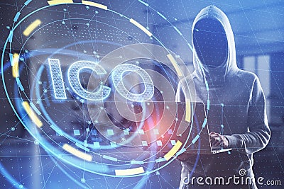 Hacker With Laptop Standing In Blurry Office Interior With Glowing Ico ...