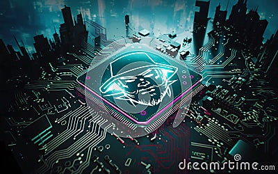 Hacker Masked Embedded In Computer CPU Central Core Printed Circuit ...