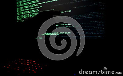 Hacker Pointing To Code On A Computer Monitor In A Dark Room Stock ...
