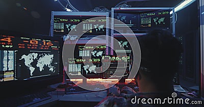 Hacker Using Computer With Multiple Monitors Stock Video - Video of ...