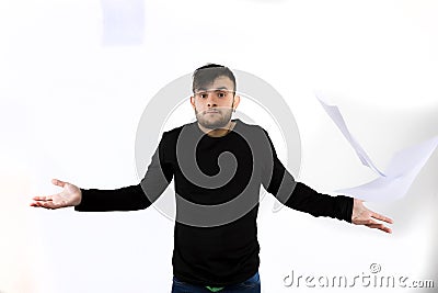 Half Confused Man With Papers Flying Around Him Stock Image ...