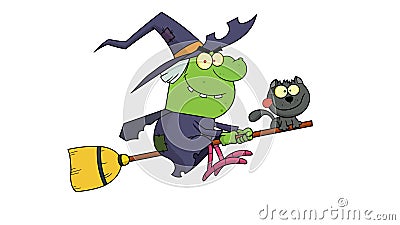 Halloween Witch and Cat Flying on a Broom Stick Stock Video - Video of ...