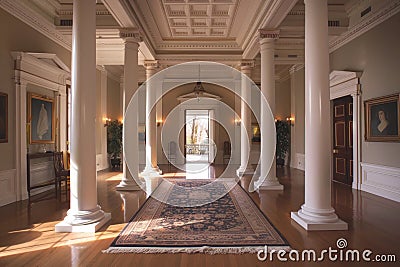 A Hallway Featuring Doric Columns And A Rug On The Floor, Capture The ...