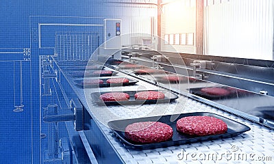 Hamburger Meat Production Line With An Overlaying Blueprint Drawn In ...