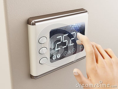 Hand Adjusting Room Temperature Using A Digital Thermostat Screen. 3D ...