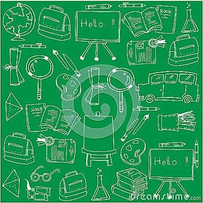 Hand Draw School Doodles Set On Green Backgrounds Cartoon Vector ...
