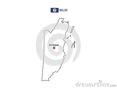 Hand Draw Thin Black Line Vector Of Belize Map With Capital City ...