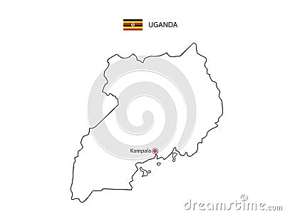 Hand Draw Thin Black Line Vector Of Uganda Map With Capital City ...