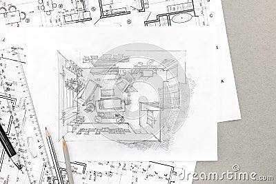 Hand Drawing Sketch Of Home Interior With Pencils And Blueprints Stock ...