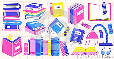 Hand Drawn Doodle Cute Books Stack In Different Projections, Side, Top ...