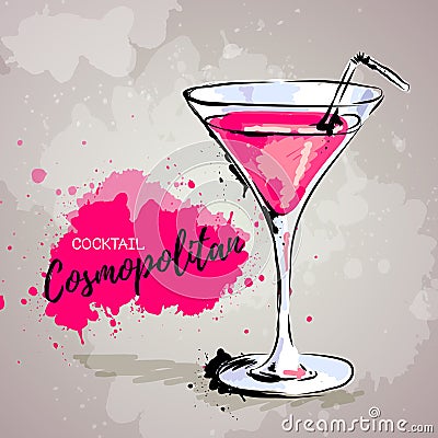 Hand Drawn Illustration Of Cocktail Cosmopolitan. Cartoon Vector ...