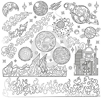 Hand Drawn Illustration With Set Of Retro Future Space Planets ...
