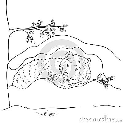 Hand Drawn Outline Illustration Of A Bear In A Den In Winter. Vector ...