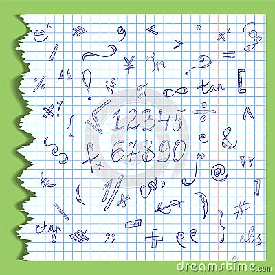 Hand Drawn Scribble Mathematics Symbols And Numbers On A Ripped Sheet ...