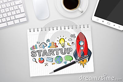 Hand Drawn Startup Text With Icons On Office Background Stock Image ...