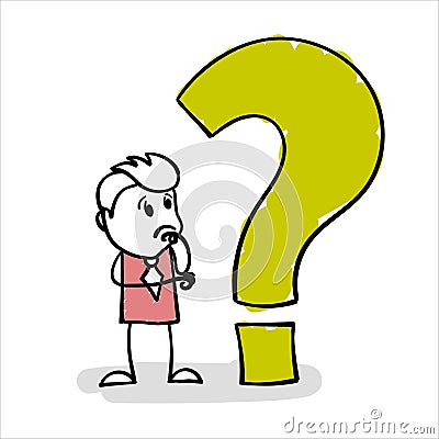 Hand Drawn Stick Man Stand In Thinking Pose Front Question Mark ...
