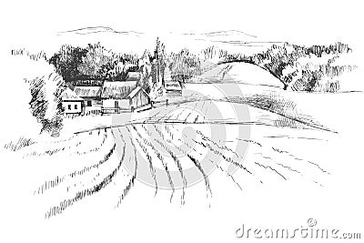 Hand Gezeichnete Landschaft Mit Feldern Vektor Abbildung - Bild: 64905232