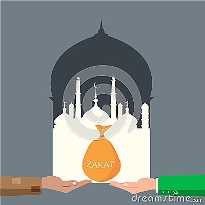 The Hand Giving Zakat Box In Door On Mosque Background. Vector ...