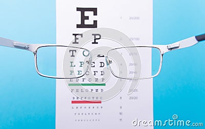 Hand-held Glasses, View Of The Snellen Chart. Blue Background Stock ...