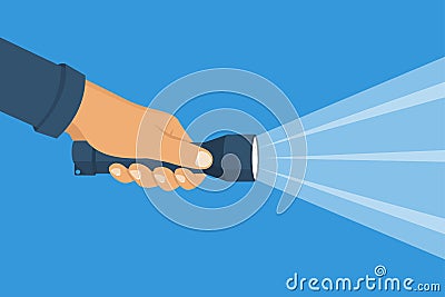 Hand Holding Flashlight. Search Concept. Yellow Bright Ray Of Light ...