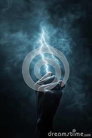 Hand Holding Lightning Bolt, With Brooding Stormy Sky, Energy And Power ...
