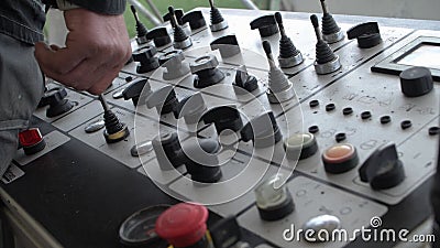 Hand of Operator Using Joystick on Control Panel of Road Paving Machine ...