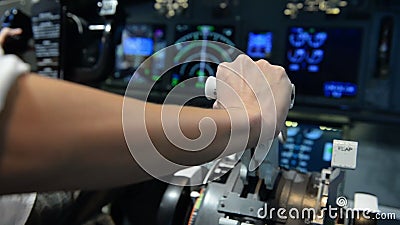 Hand of Pilot Push Thrust Lever Handle for Engine Control Takeoff Stock ...