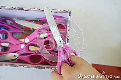 Hand With Start Children Safety Scissors And Box Stock Image ...