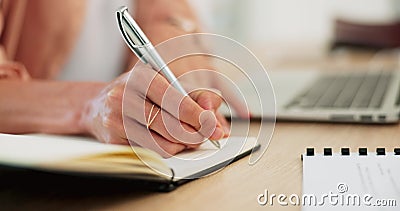 Hand, Writing and Notebook with a Business Woman Doing Research while ...