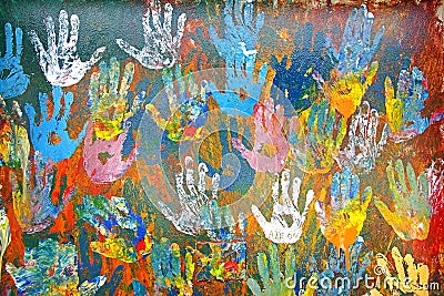Handprints Made Of Multicolored Oil Paints Stock Photography ...