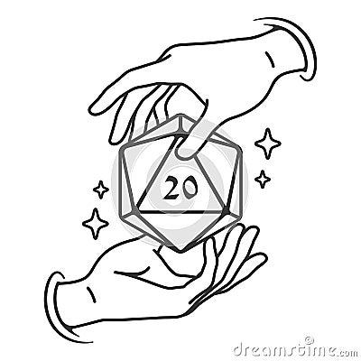 Hands Around D20 Dice That Floating In The Air. Outline Style Vector ...