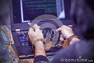 Criminal Hacker Hands Locked In Handcuffs. Closeup View Stock Image ...