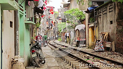 HANOI,VIETNAM - MAY 2014: Train Passing through Slums Stock Video ...