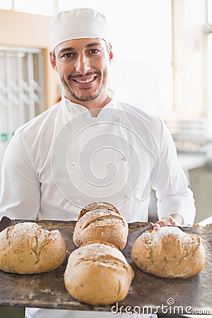 Happy Baker Showing Tray Of Fresh Bread Stock Photo | CartoonDealer.com ...