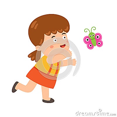 Happy Cute Kid Girl Catch Bug Vector Illustration | CartoonDealer.com ...