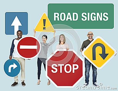 Happy Diverse People Holding Road Signs Stock Photography ...