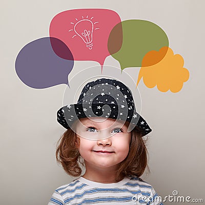 Happy Kid Thinking And Looking Up On Idea Bulb In Bubble Stock Image ...