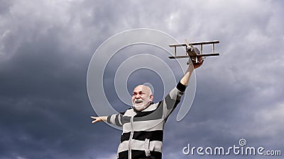 Happy Old Man Play Plane Flying in Sky, Pretend Stock Footage - Video ...