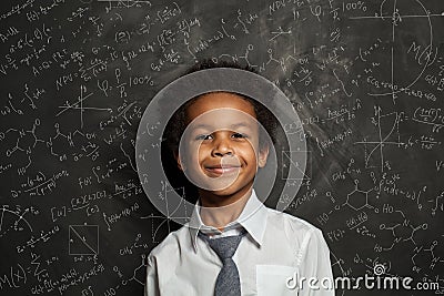 Happy Smart Black Child Student On Blackboard Background With Science ...