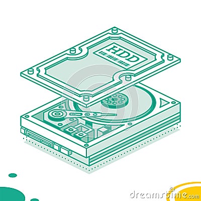 Hard Disk Drive. Isometric Outline Concept. Highly Detailed Open HDD ...