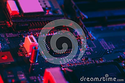 Hardware Technology Concept In Neon Light. Motherboard In Blue-red ...