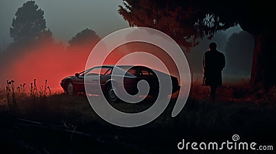 Hazy Silhouette Of A Red Car In The Dark Forest Stock Photo ...