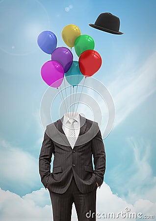 Headless Man With Surreal Floating Hat And Balloons In Front Of Sky ...
