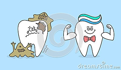 Healthy Cartoon Tooth With Toothpaste And Decayed Tooth With Bacteria ...