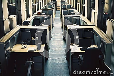 High Angle Birds Eye View Of A Maze Of Empty Cubicles Highlighti ...