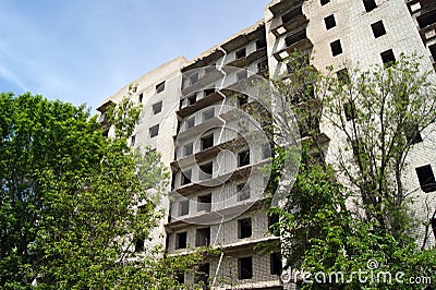High Multistorey Abandoned Soviet Building Facade With Crashed ...